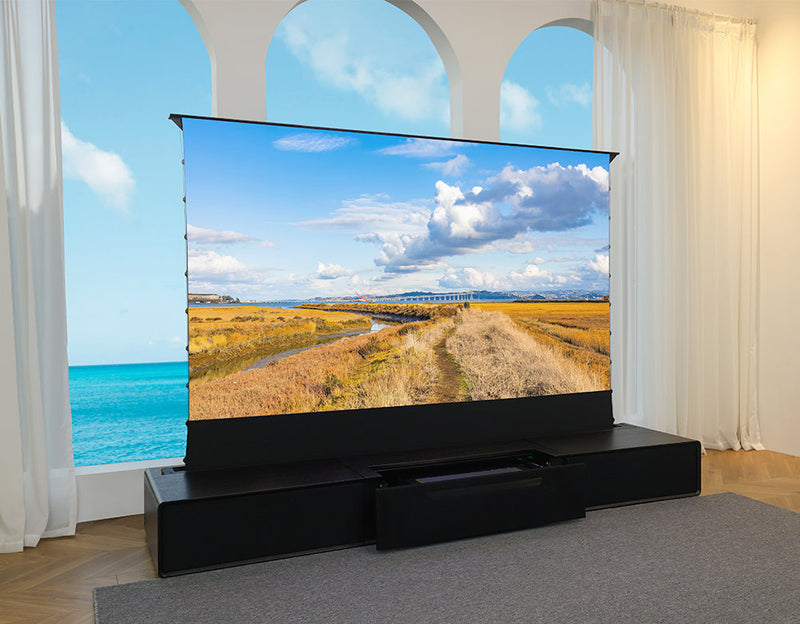 Shore Wood Grain UST Projector Cabinet + Motorized Floor Rising Screen ...